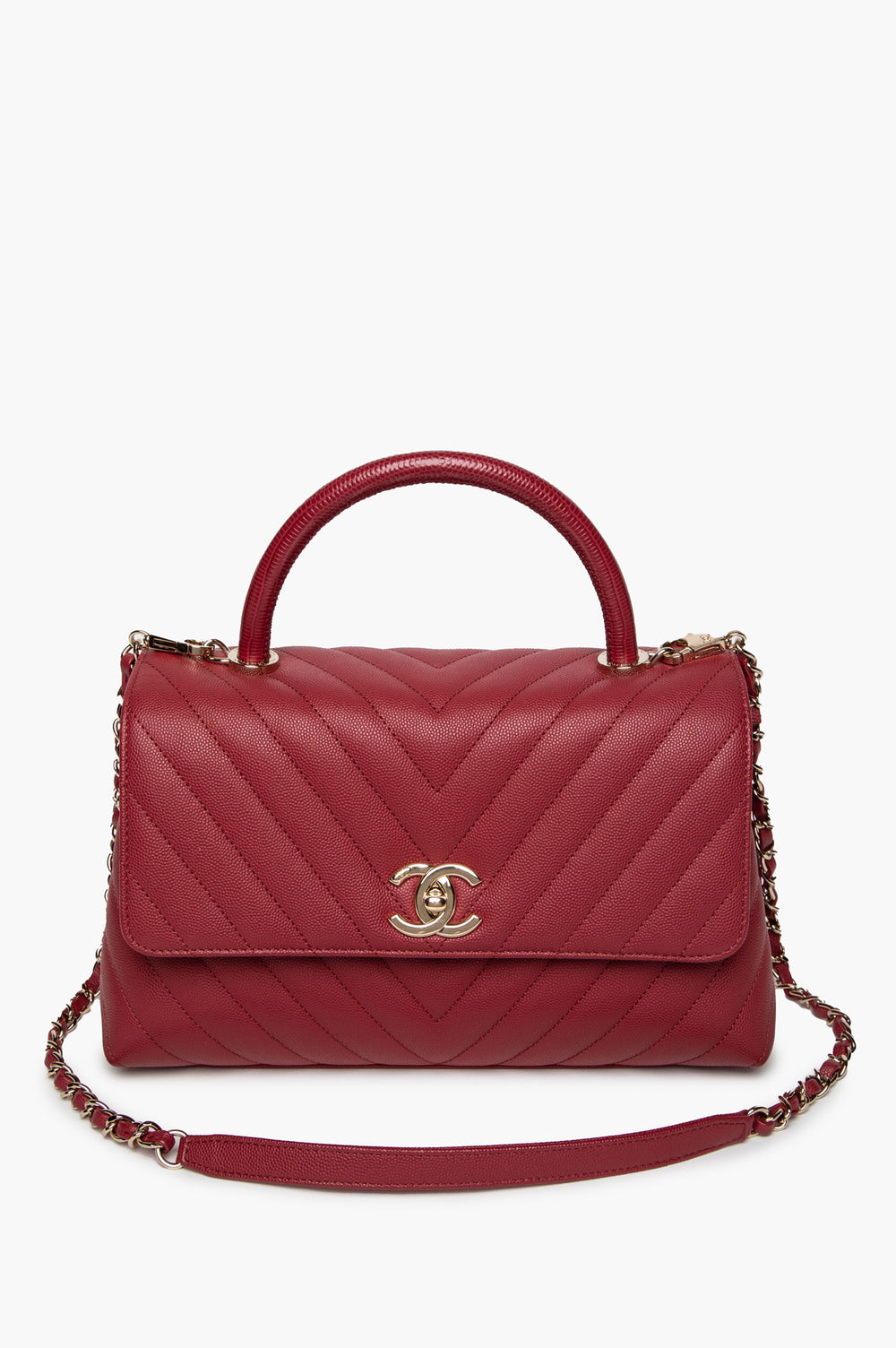 Chanel Dark Red Chevron Quilted Caviar & Lizard Medium Coco Handle Bag